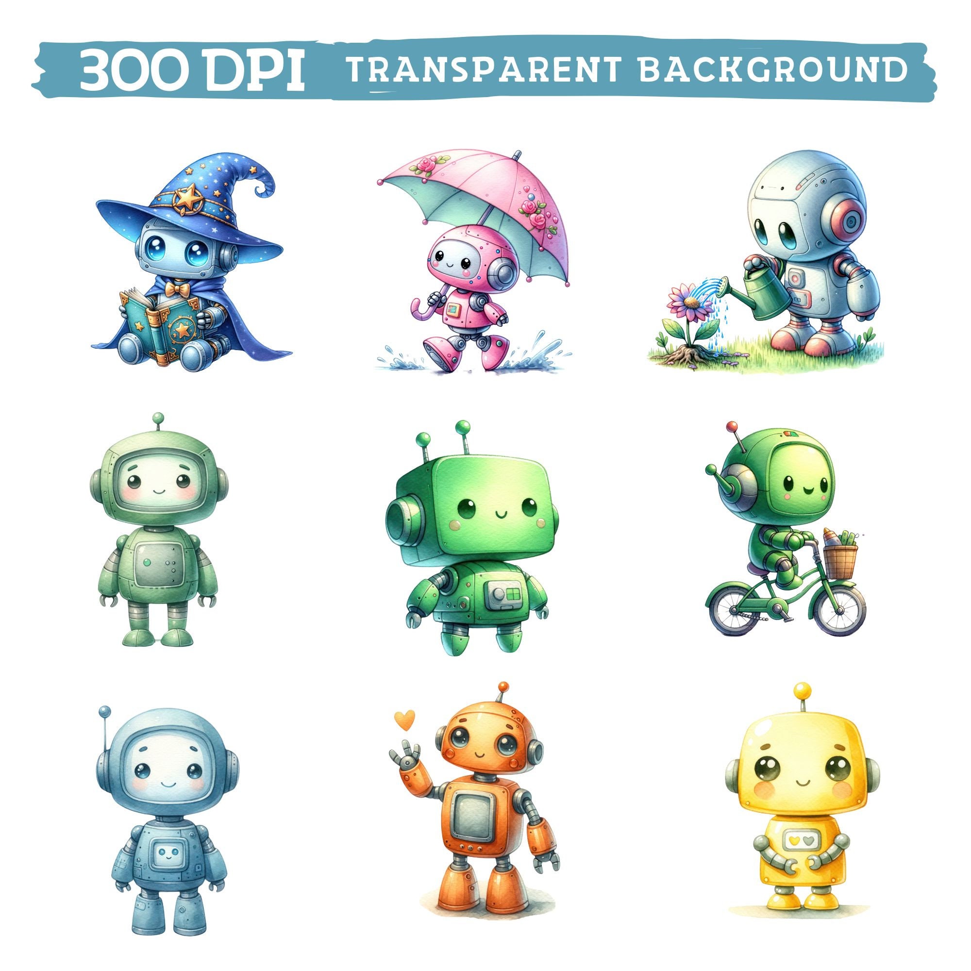 Cute Robot Clipart, Watercolor Whimsical Bot Illustrations Nursery ...