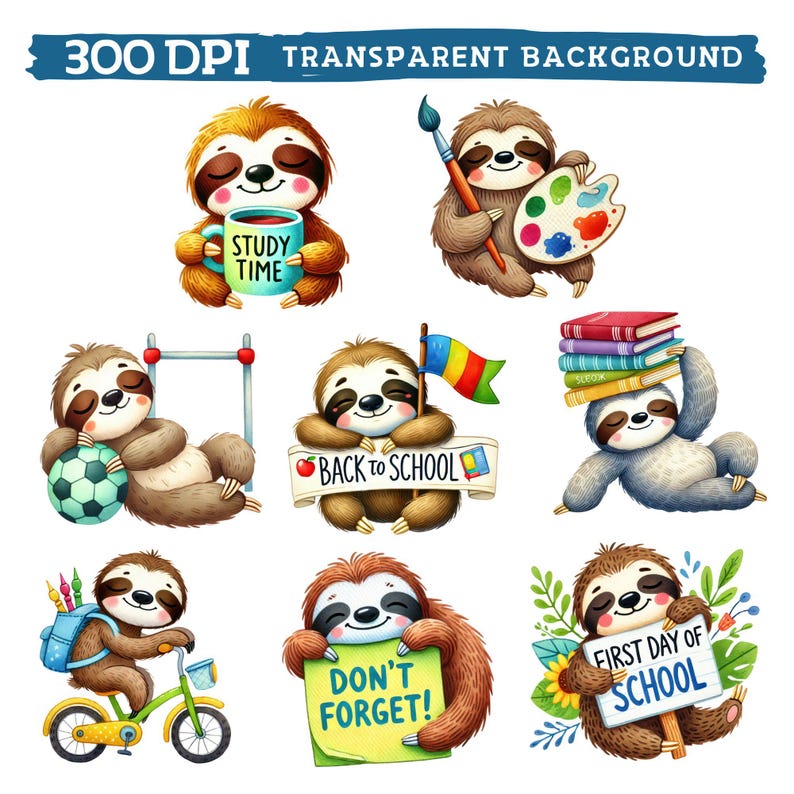 Sloth Back to School Clipart, Watercolor Cute Teachers Kids, Classroom ...