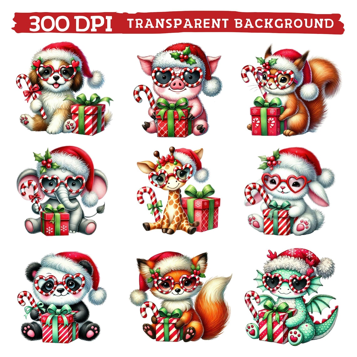 Christmas Animals Clipart, Watercolor Cute Holiday Animal Sunglasses ...