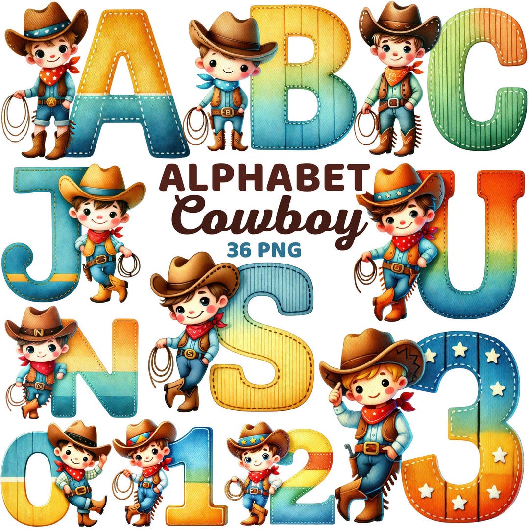 Cowboy Alphabet Clipart, Western Letters & Numbers, Rodeo Sublimation ...