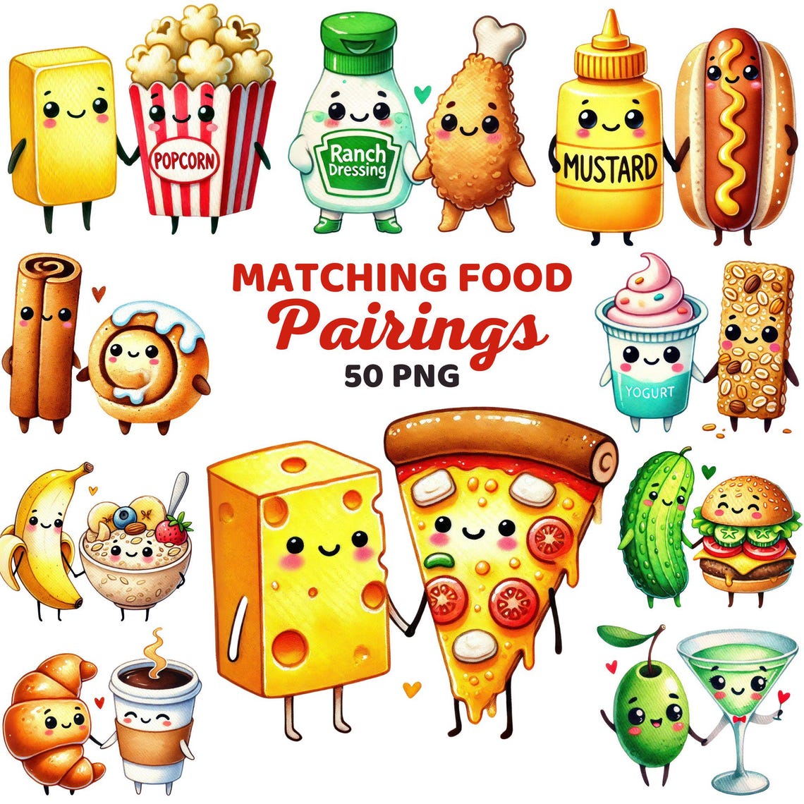 Matching Food Pairings Clipart, Watercolor Cute Perfect Pair Valentine ...