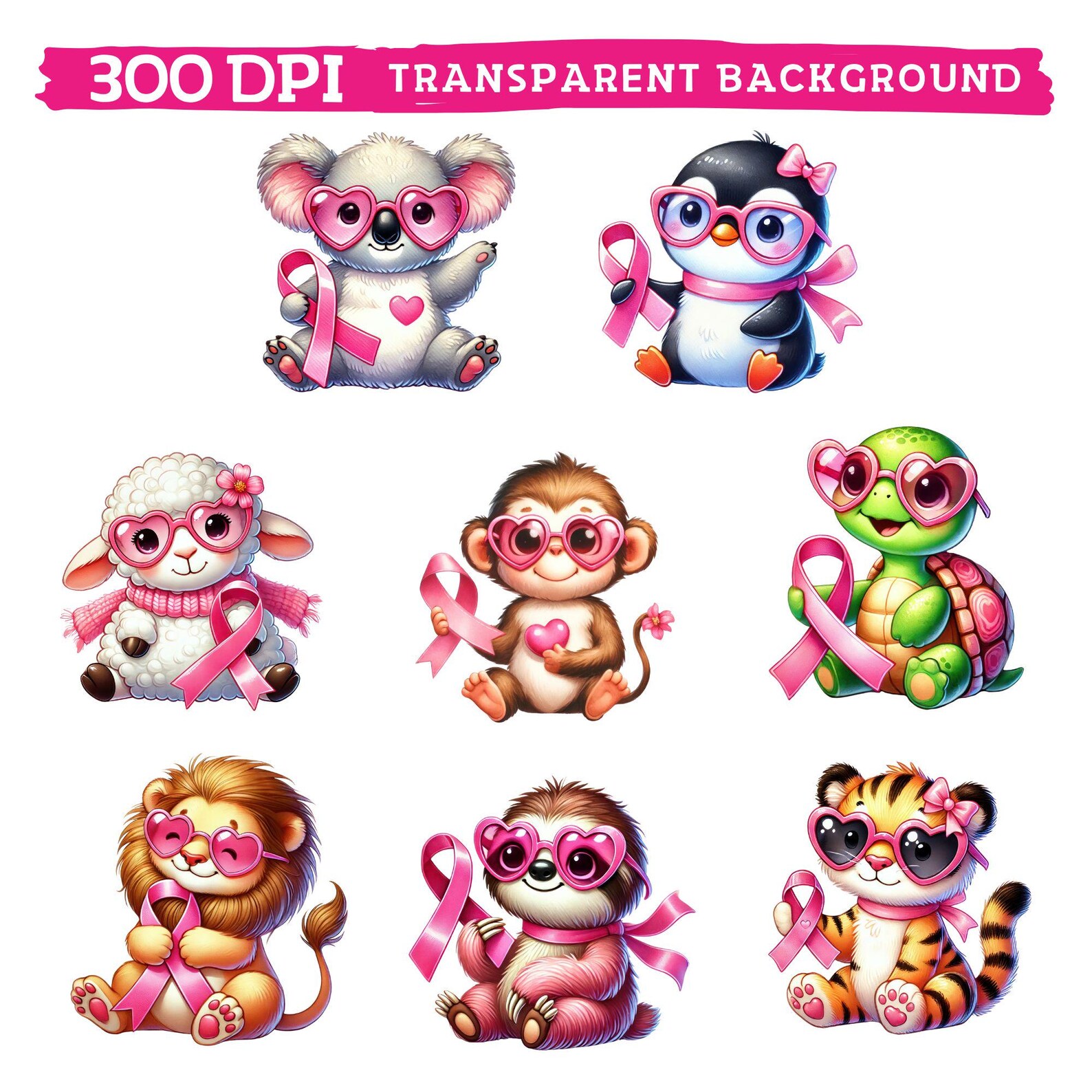 Cute Breast Cancer Awareness Animals Clipart, Watercolor Pink Ribbon ...