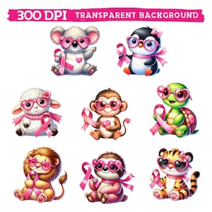 Cute Breast Cancer Awareness Animals Clipart, Watercolor Pink Ribbon ...