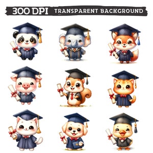 Graduation Animals Clipart, Watercolor Cute Academic Celebration ...