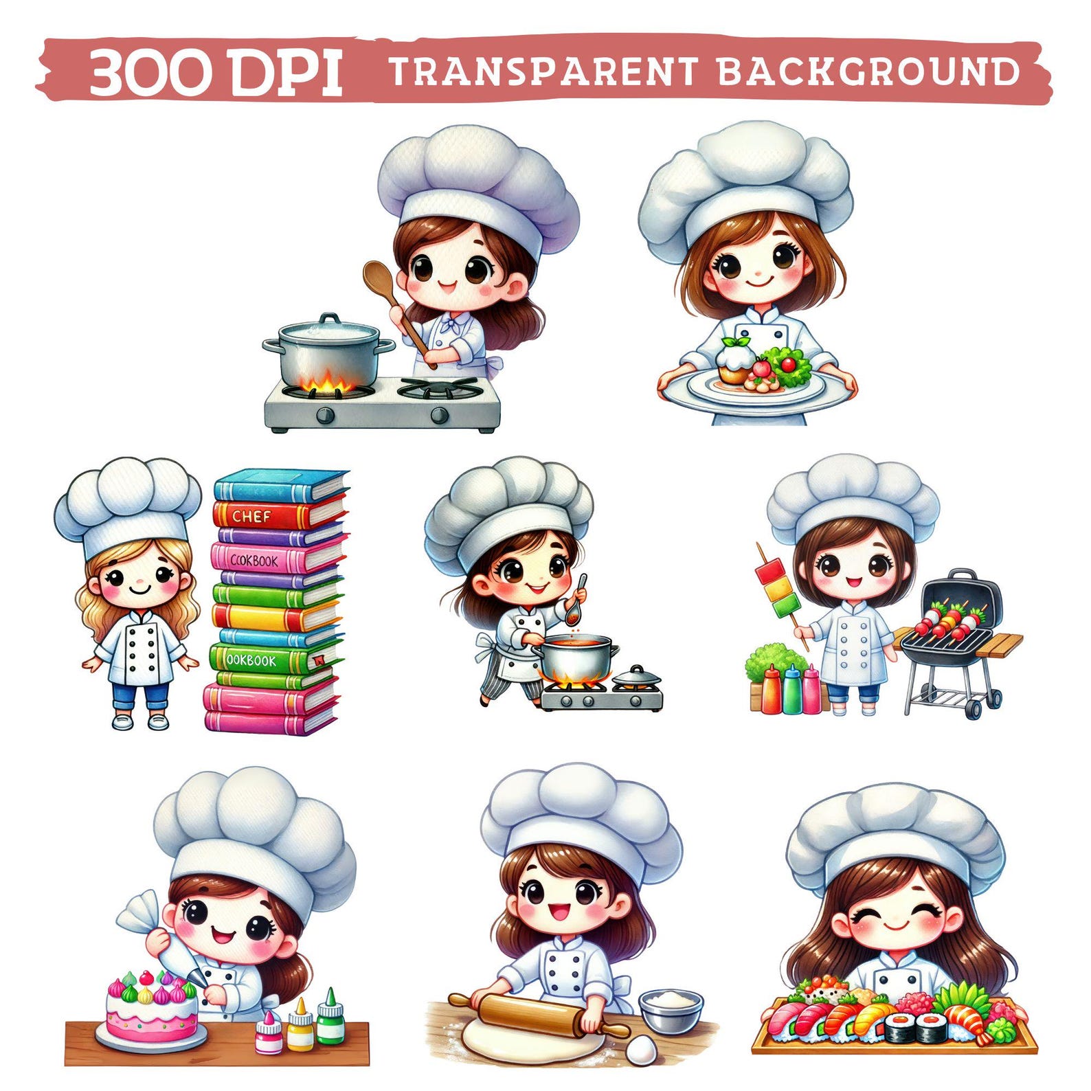 Cute Girl Chef Clipart, Watercolor Kids Kitchen, Cooking, Baking ...