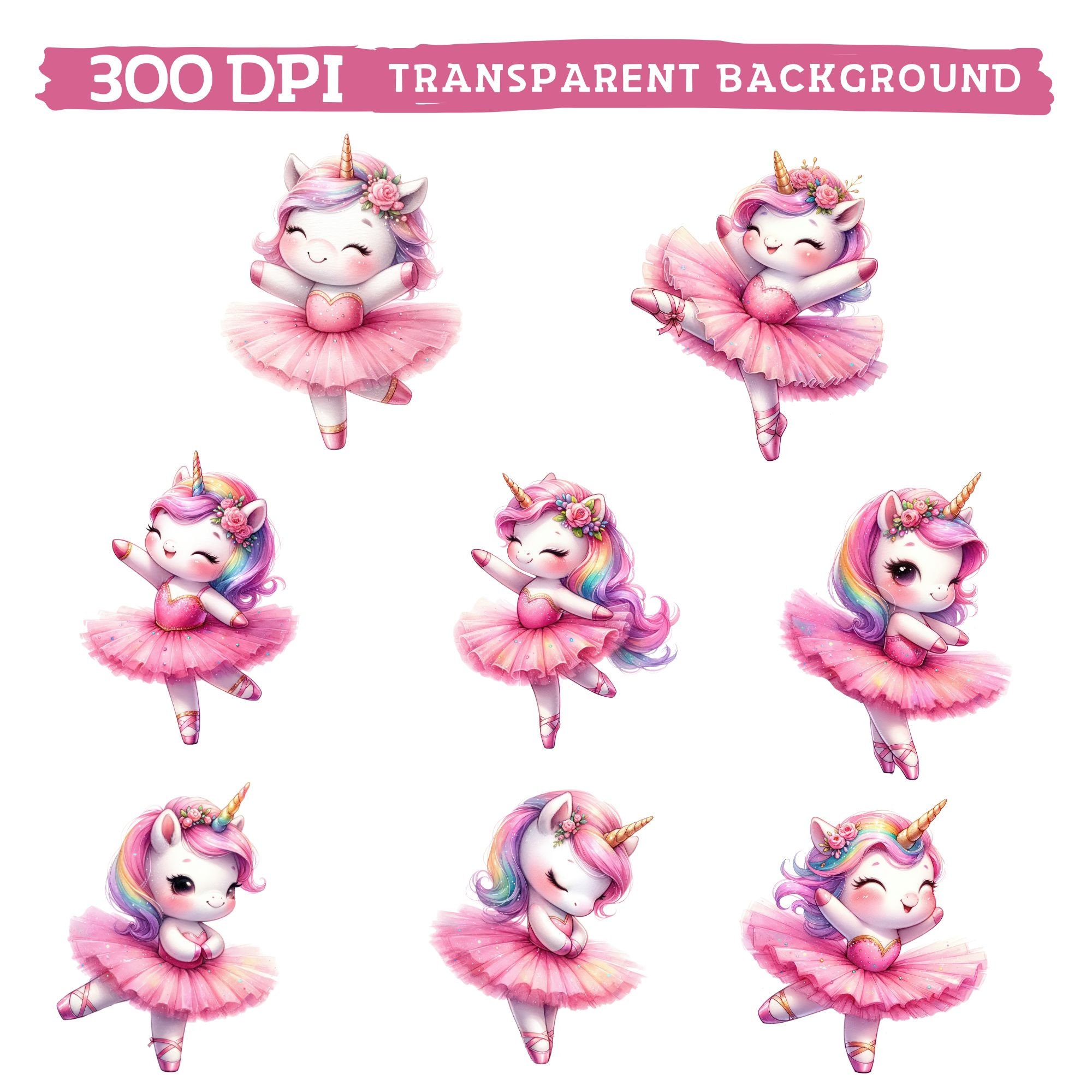 Cute Ballerina Unicorn Clipart, Watercolor Magic Ballet Animal Nursery ...