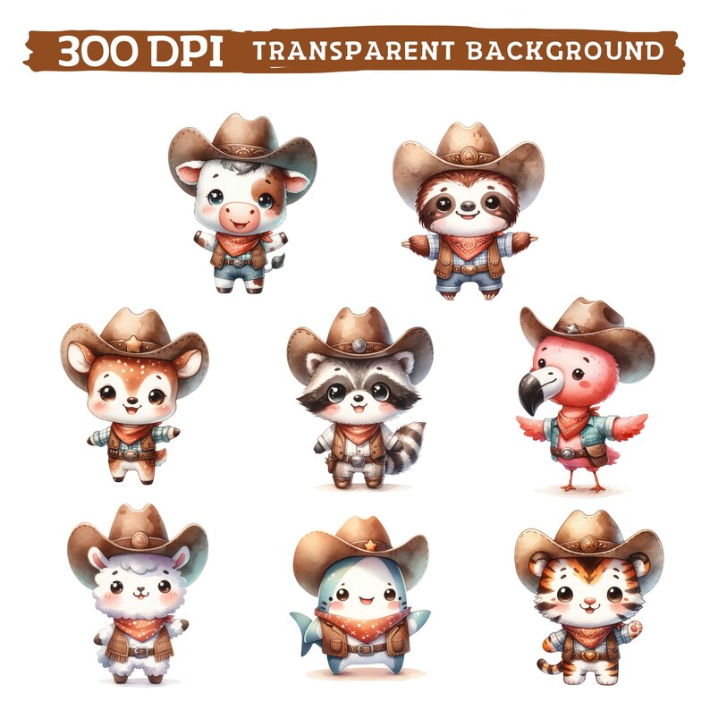 Adorable Cowboy Animal Clipart Set, Watercolor Western Animals Nursery ...