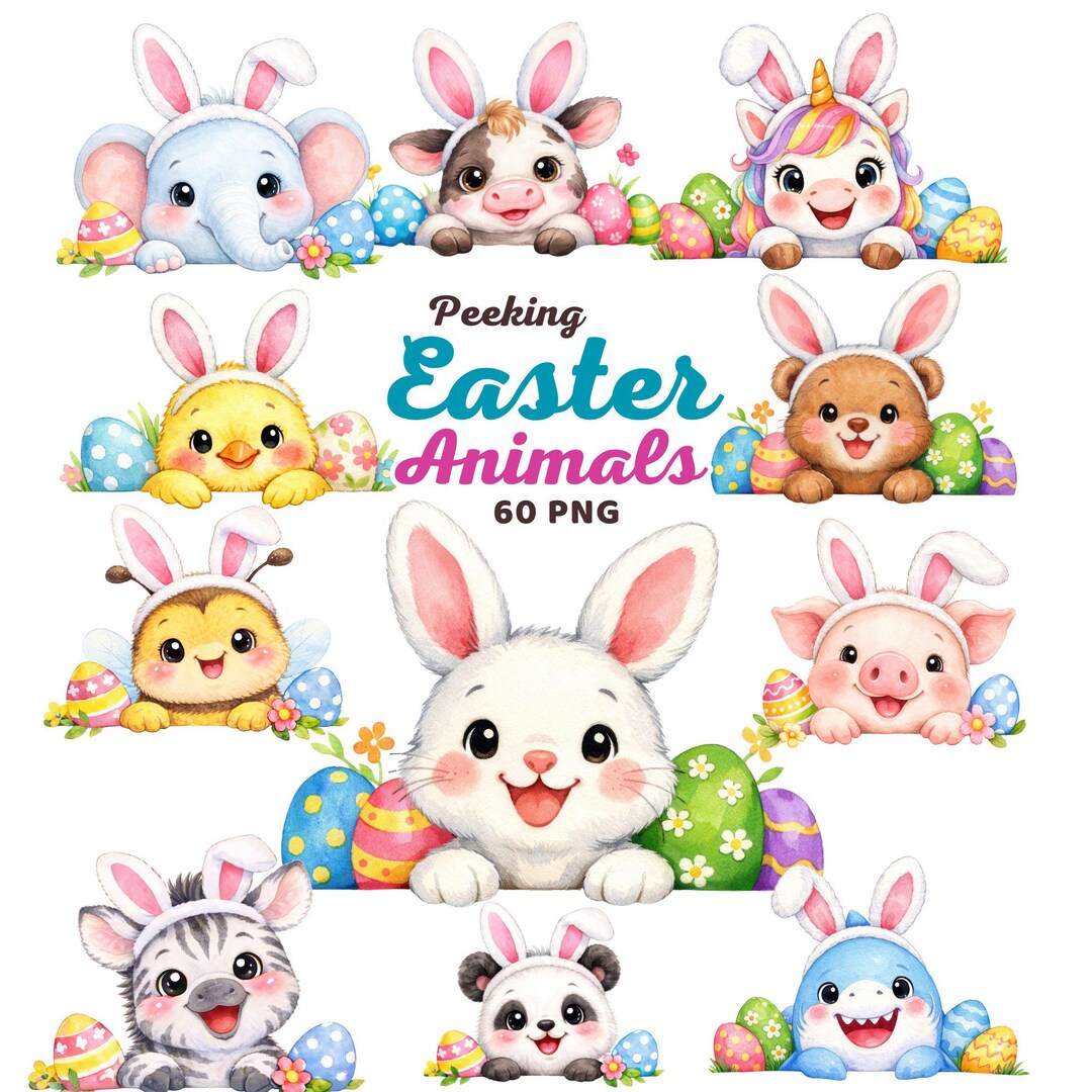 Peeking Easter Animals Clipart, Watercolor Bunny Chick Unicorn Animal ...