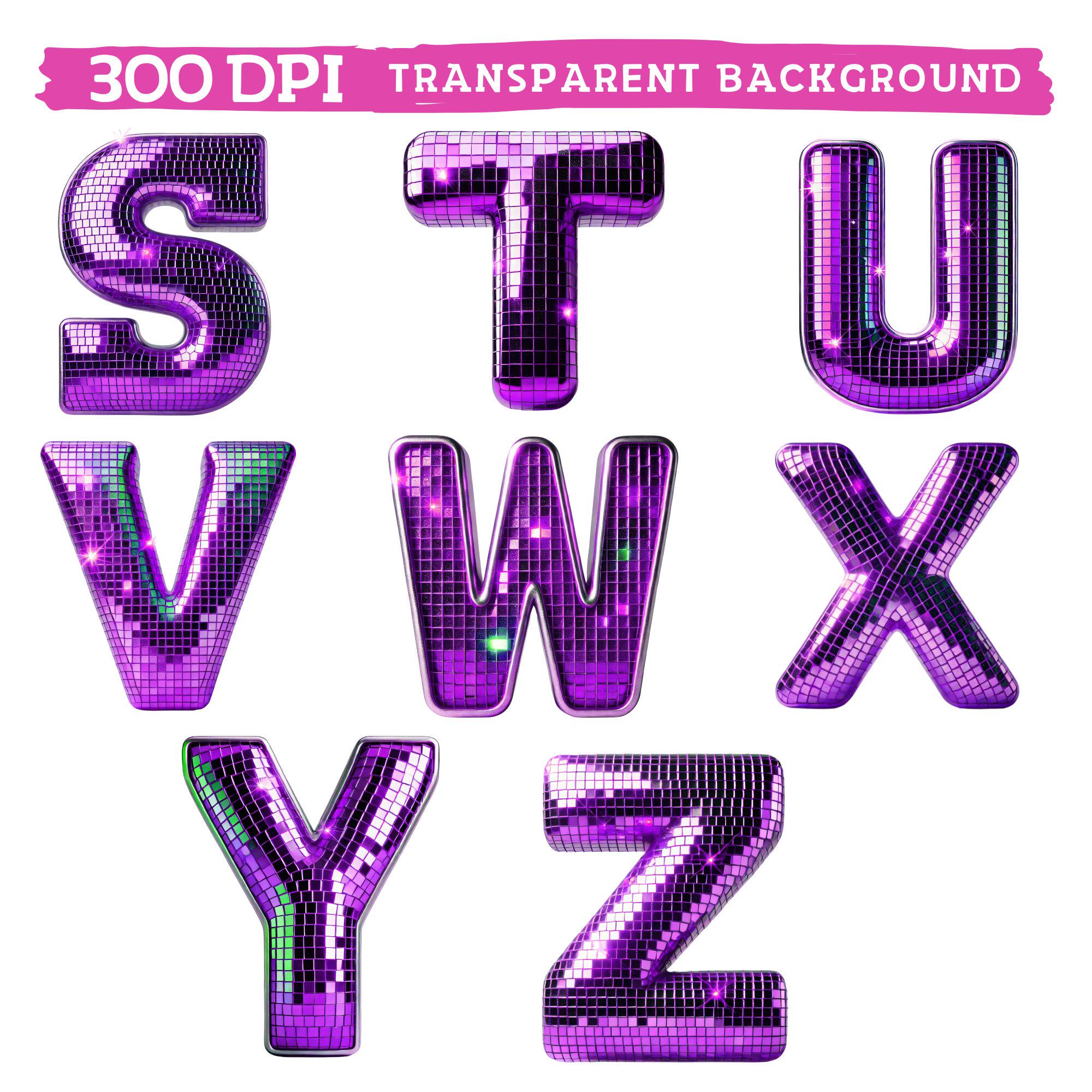 Retro Disco Alphabet Clipart, Purple Shiny Mirror Ball Letters ...