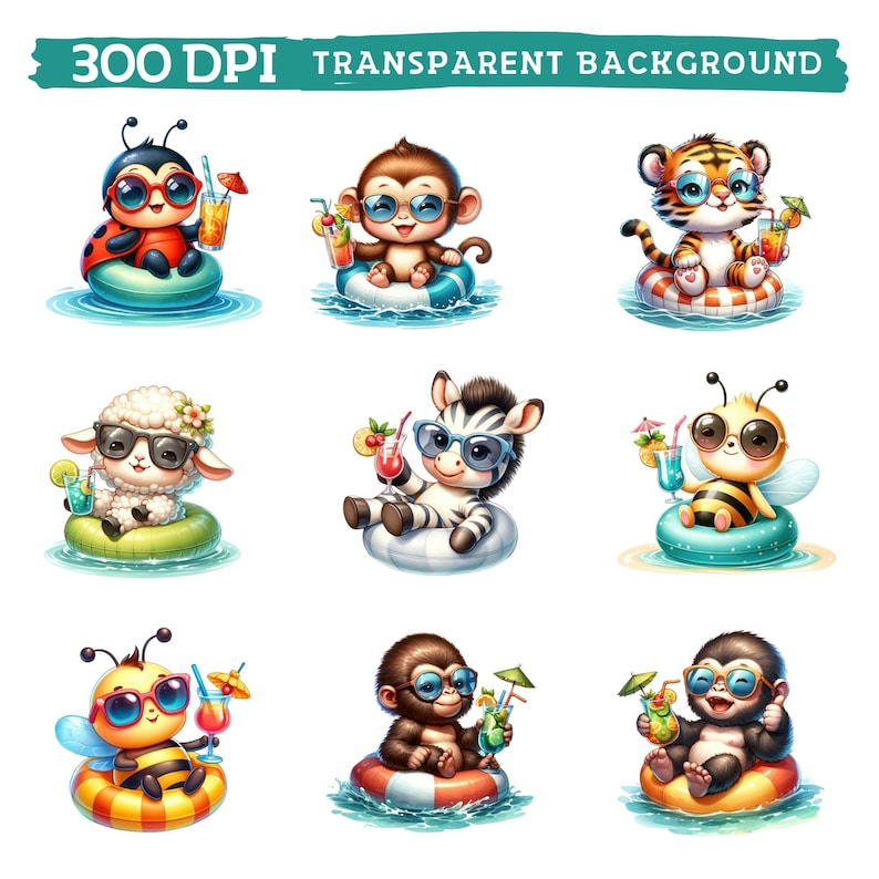Cute Animals on Float Clipart, Watercolor Pool Nursery, Tropical Vibes ...
