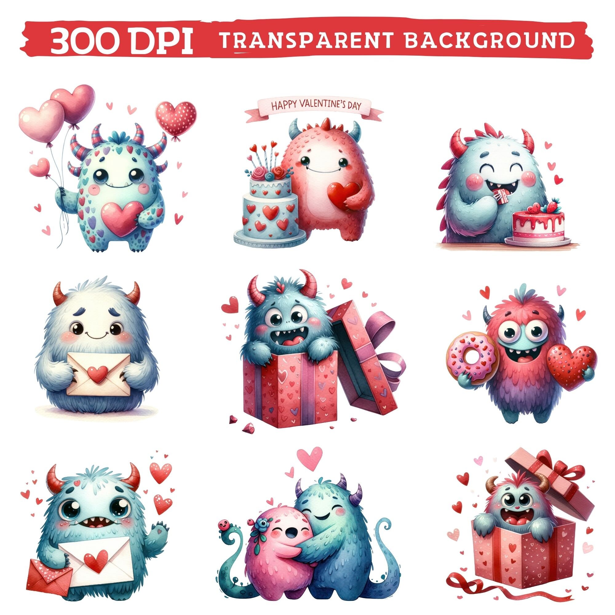 Watercolor Cute Monsters Valentine Clipart, Cartoon Valentine's Day Png ...