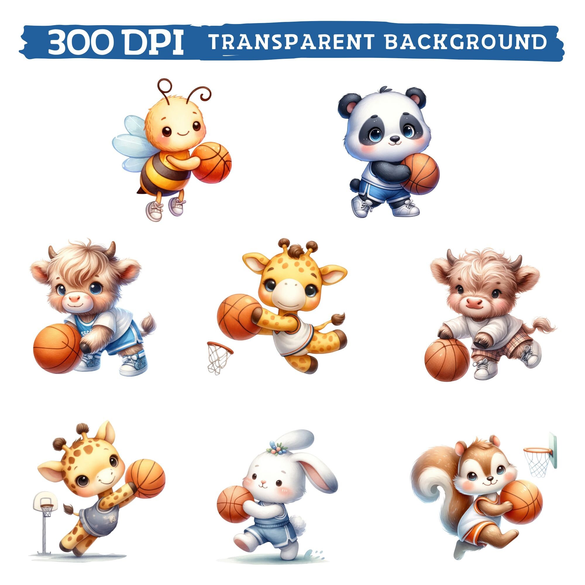 Basketball Animals Clipart, Watercolor Cute Cartoon Sports Nursery ...