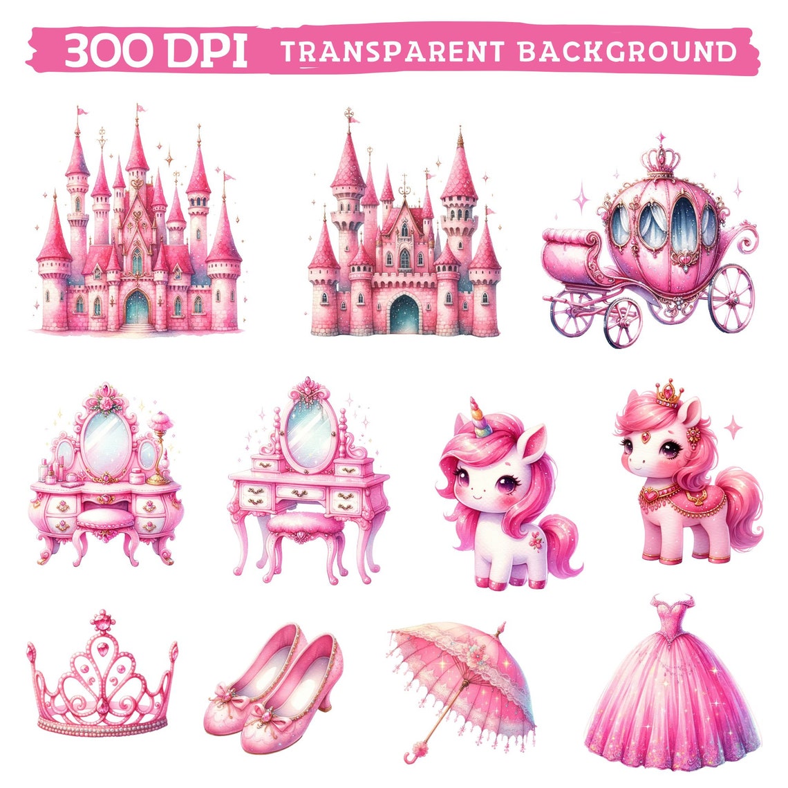 Watercolor Cute Princess Clipart, Little Princess Pink Ball Gown Party ...