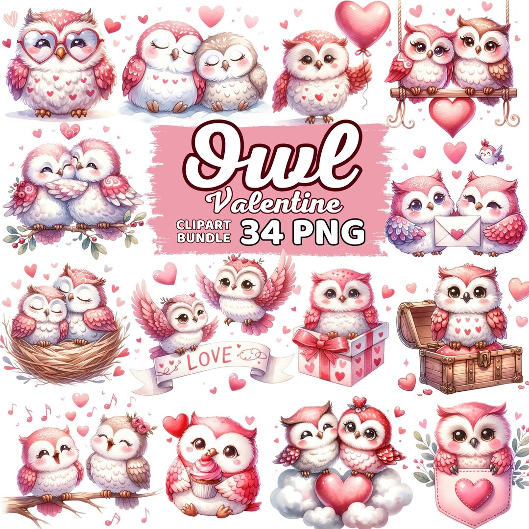 Watercolor Cute Owl Valentine Clipart, Couple Owls Valentine's Day, Owl ...