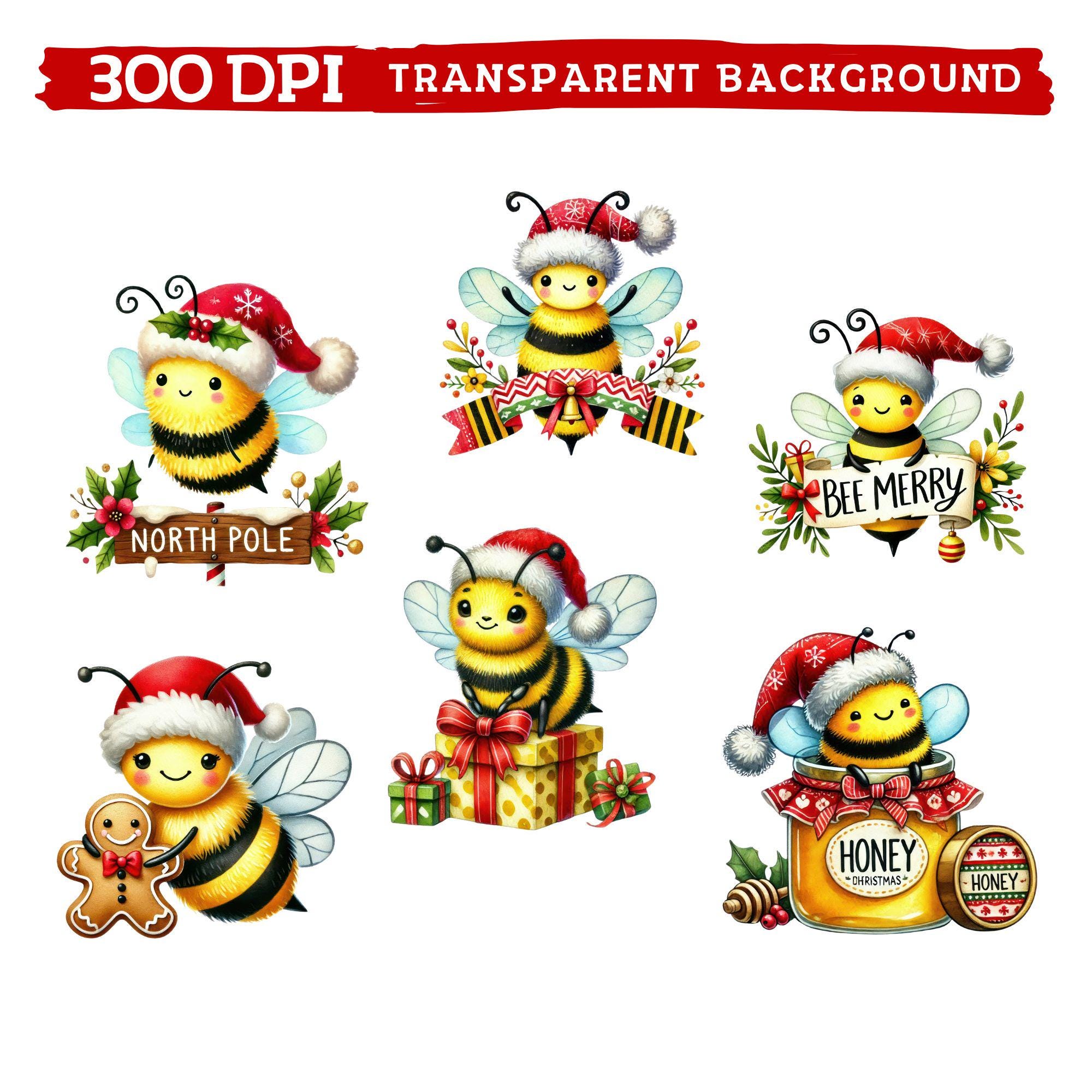 Christmas Bee Clipart, Watercolor Cute Holiday Bees, Nursery Decor ...