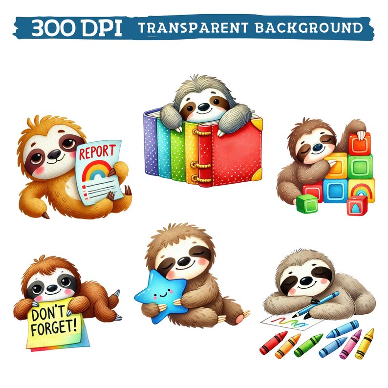 Sloth Back to School Clipart, Watercolor Cute Teachers Kids, Classroom ...