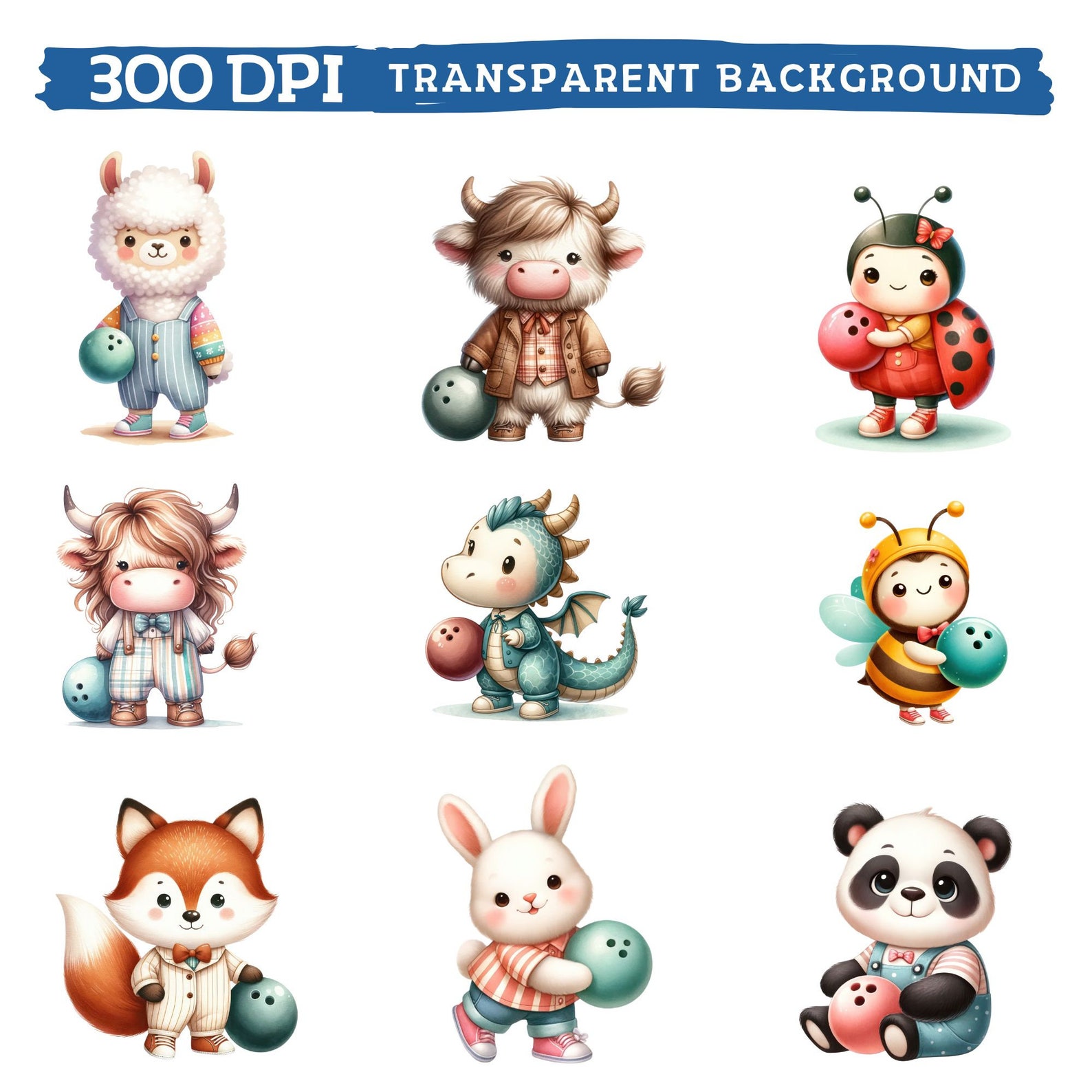 Cute Bowling Animals Clipart, Watercolor Cute Cartoon Bowler Nursery ...
