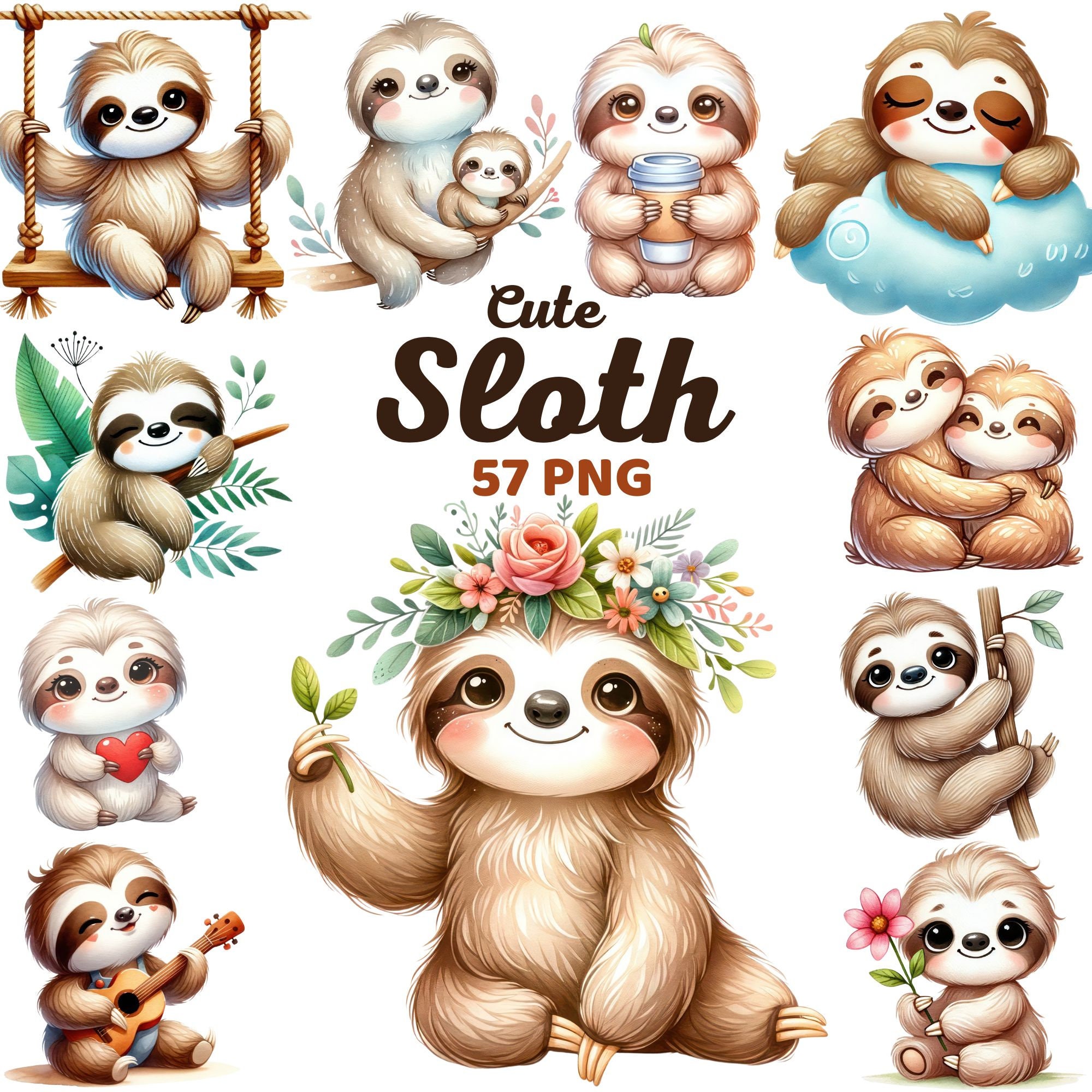 Cute Sloth Clipart, Watercolor Sloth Nursery, Spring Woodland Animal ...