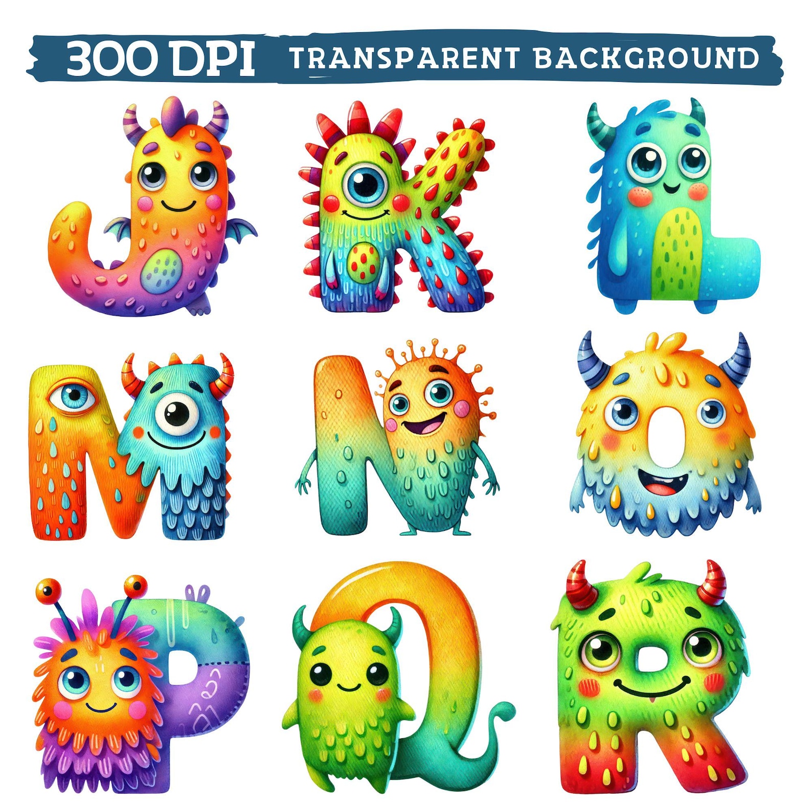 Monster Alphabet Clipart, Watercolor Cute Monster Letters & Numbers ...