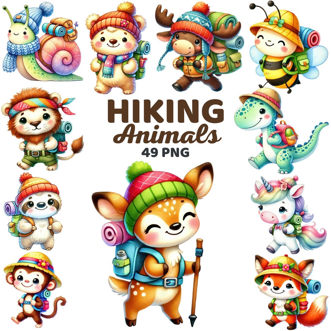 Hiking Animals Clipart, Watercolor Cute Camping Adventure Animal, Kids ...