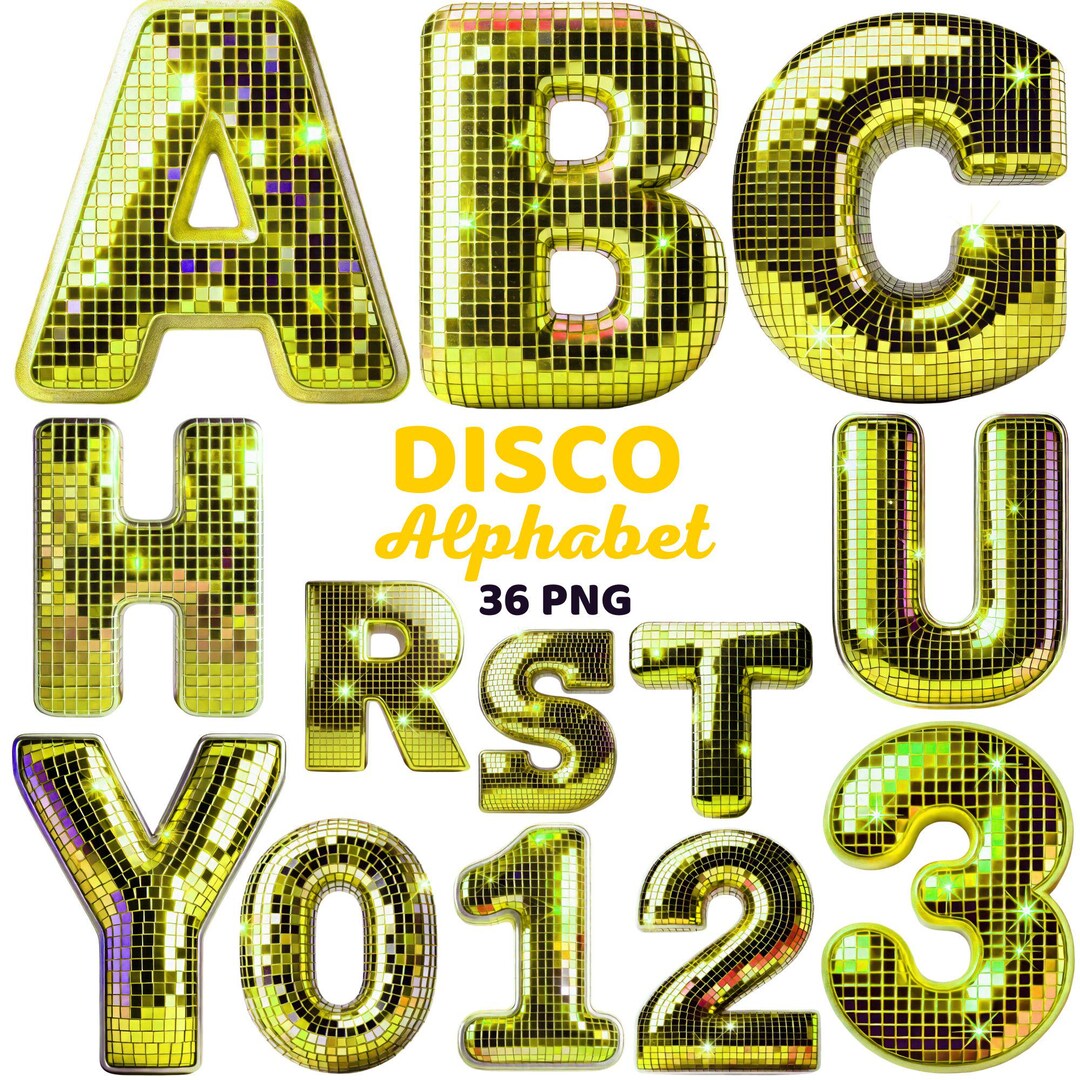 Retro Disco Alphabet Clipart, Yellow Shiny Mirror Ball Letters ...