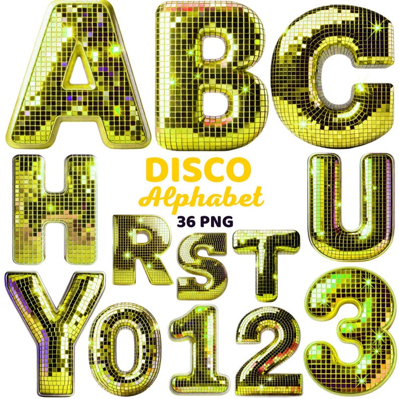 Retro Disco Alphabet Clipart, Yellow Shiny Mirror Ball Letters ...
