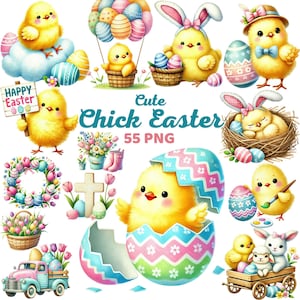 Cute Easter Chick Clipart, Watercolor Baby Chicken and Eggs, Farm ...