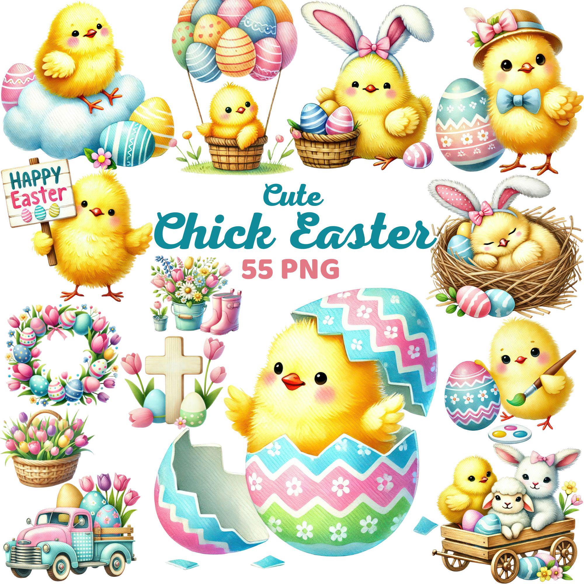 Cute Easter Chick Clipart, Watercolor Baby Chicken and Eggs, Farm ...