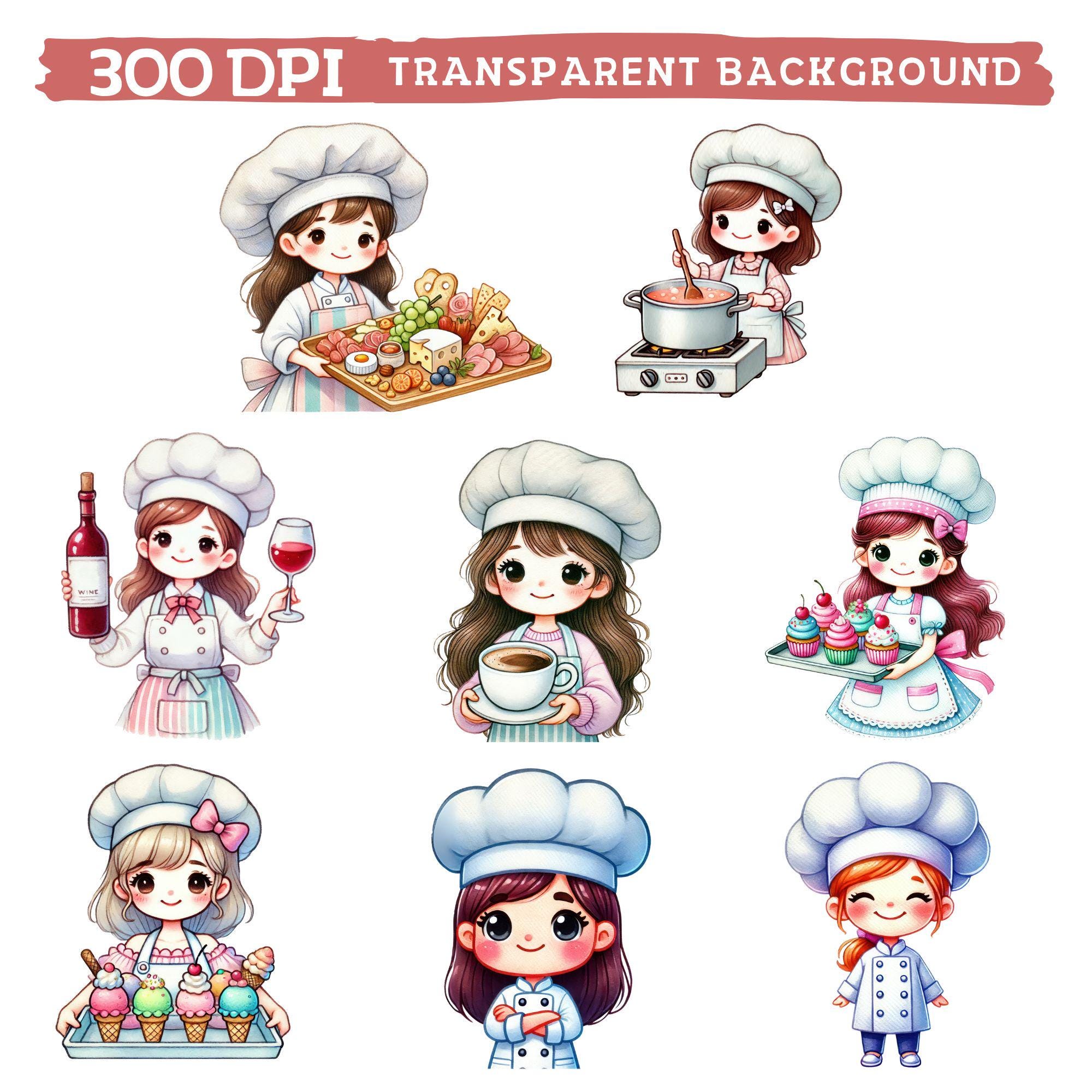 Cute Girl Chef Clipart, Watercolor Kids Kitchen, Cooking, Baking ...