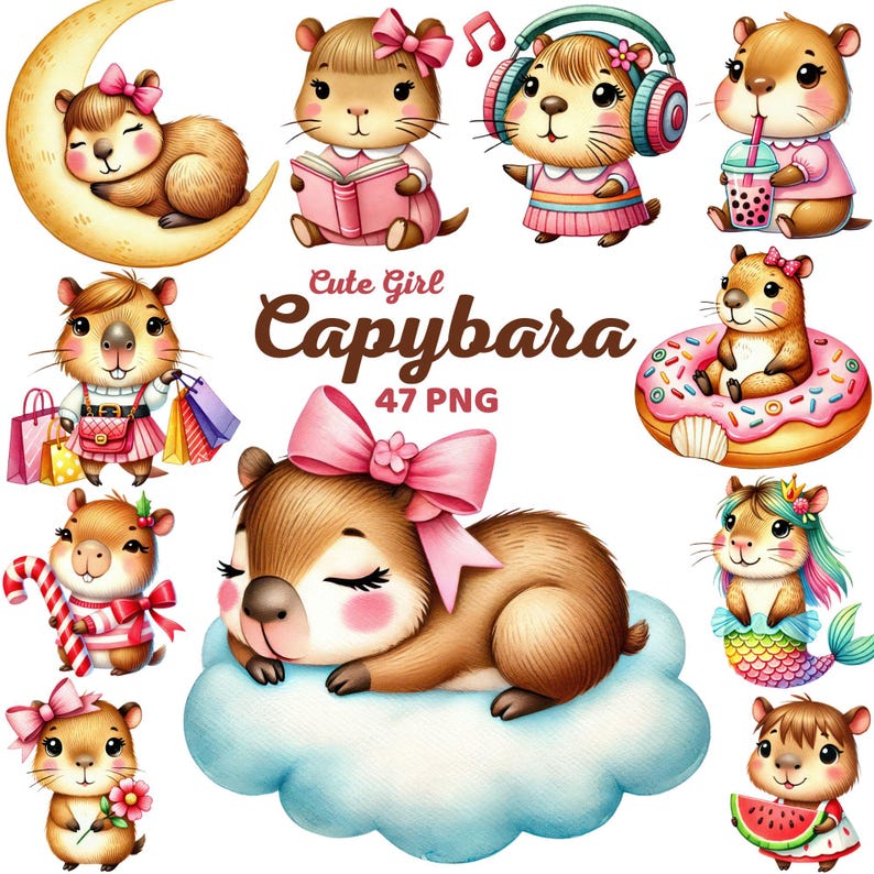 Cute Girl Capybara Clipart, Watercolor Pink Kawaii Capybara Nursery ...