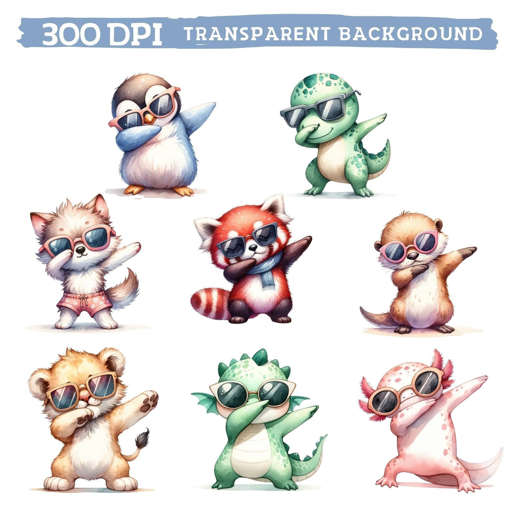 Watercolor Cute Dabbing Animals Clipart, Dabbing Unicorn, T-rex, Dog ...