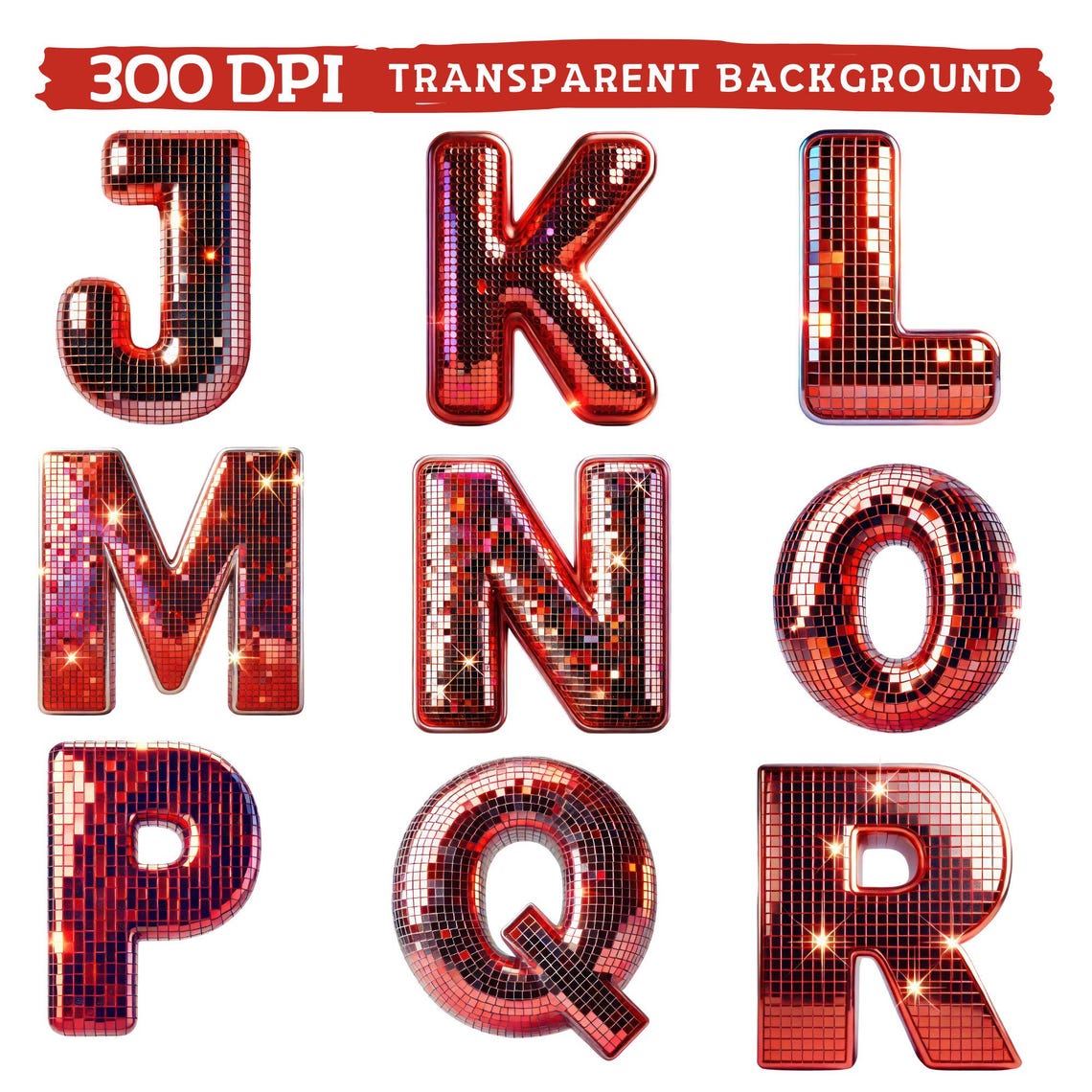 Retro Disco Alphabet Clipart, Red Shiny Mirror Ball Letters & Numbers ...