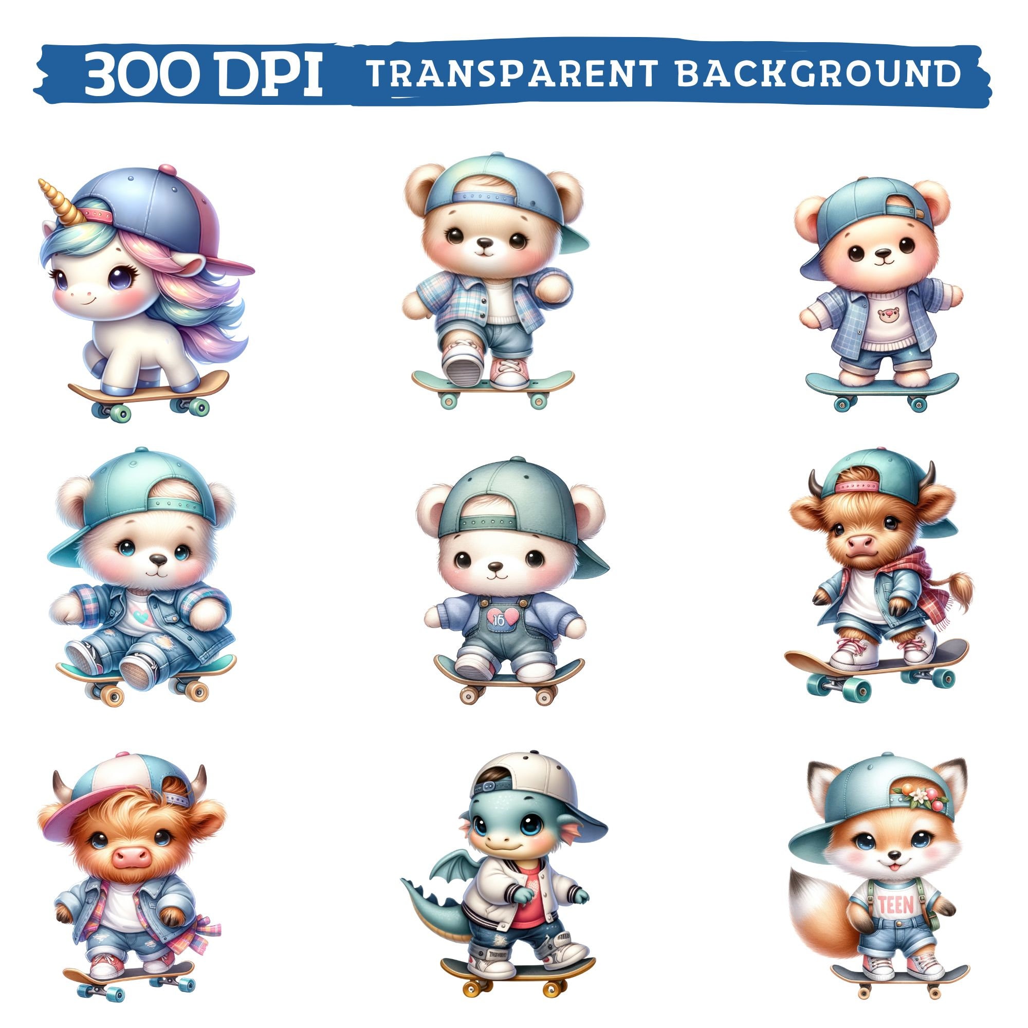 Skateboarding Animals Clipart, Watercolor Cute Cartoon Skateboard ...