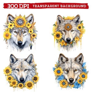 Watercolor Boho Wolf Sunflower Florals Clipart, Mystic Wolf Face Flower ...
