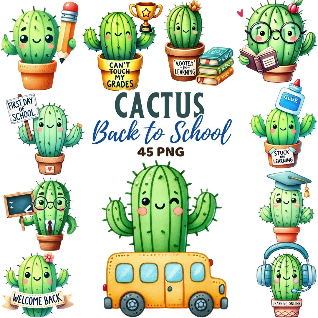 Cactus Back to School Clipart, Watercolor Cute Teacher Student ...