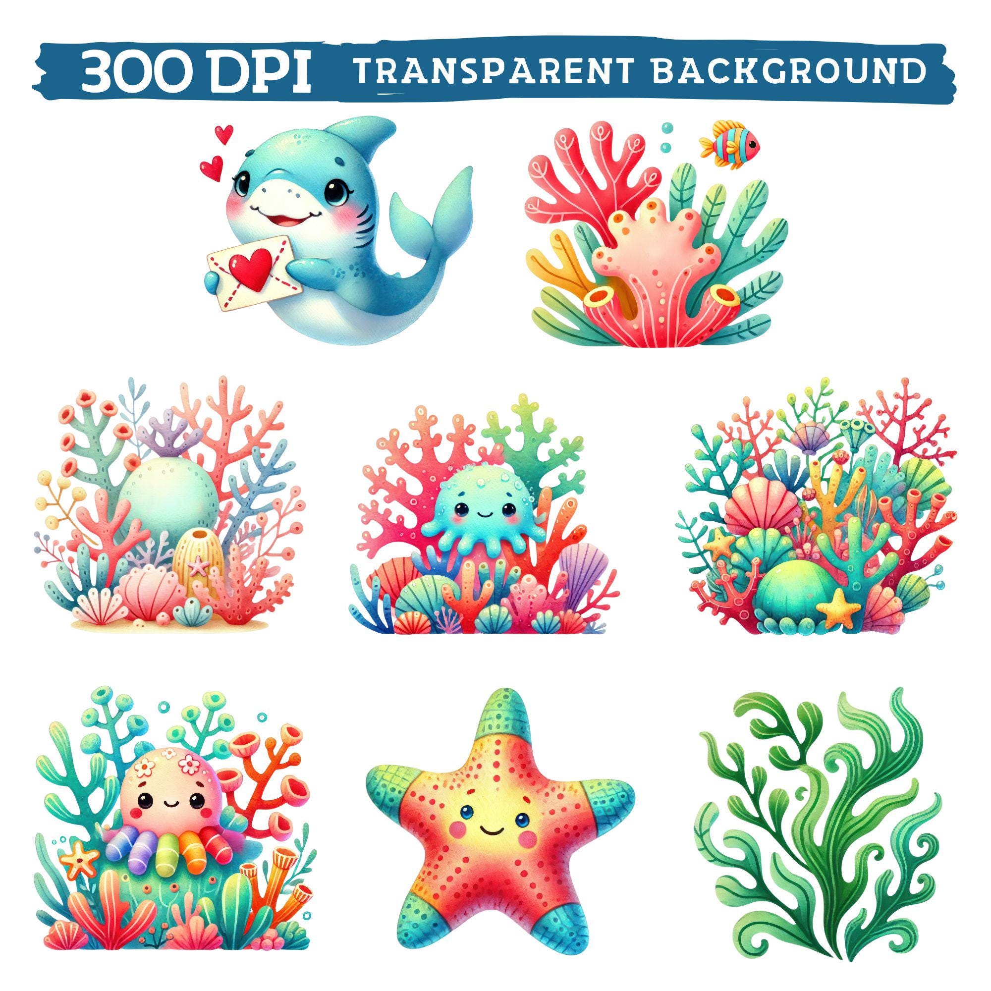Cute Shark Clipart, Watercolor Ocean, Undersea Nursery Decor, Marine ...