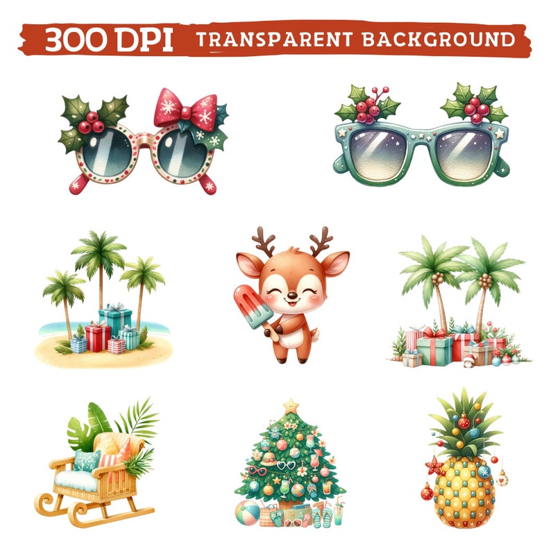 Tropical Christmas Clipart, Watercolor Cute Holiday Festive Summer ...