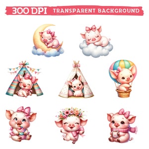 Cute Pig Clipart, Watercolor Baby Pig Nursery, Pig Sleep on Moon, Pig ...