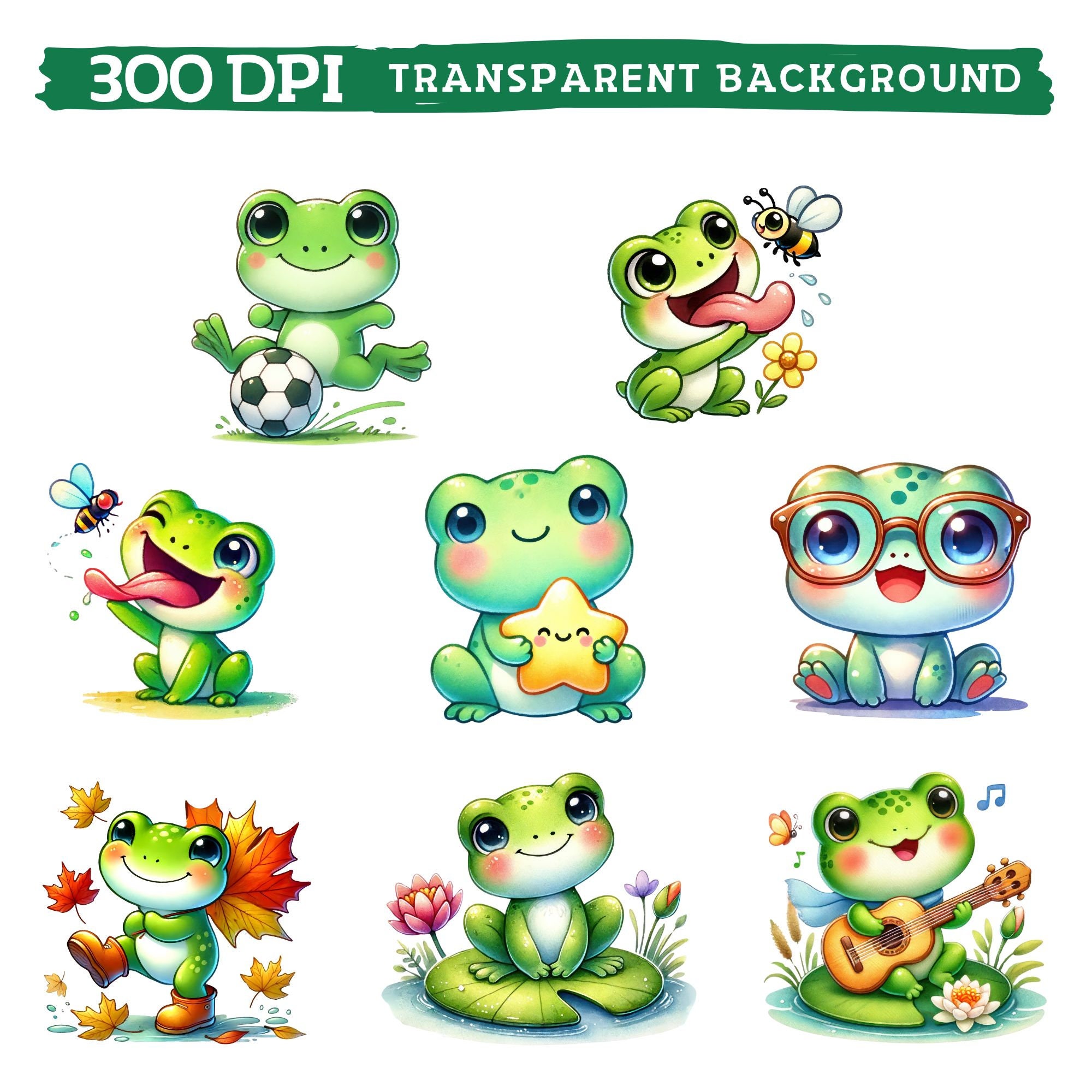 Cute Frog Clipart, Watercolor Green Frogs Nursery, Summer Fall Birthday ...