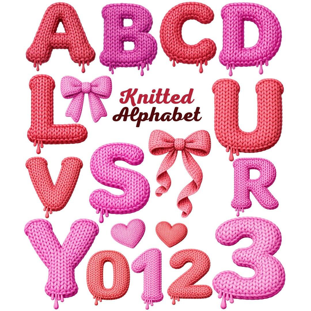 Knitted Alphabet Clipart, Pink Coquette Letters Numbers, Cute Valentine ...