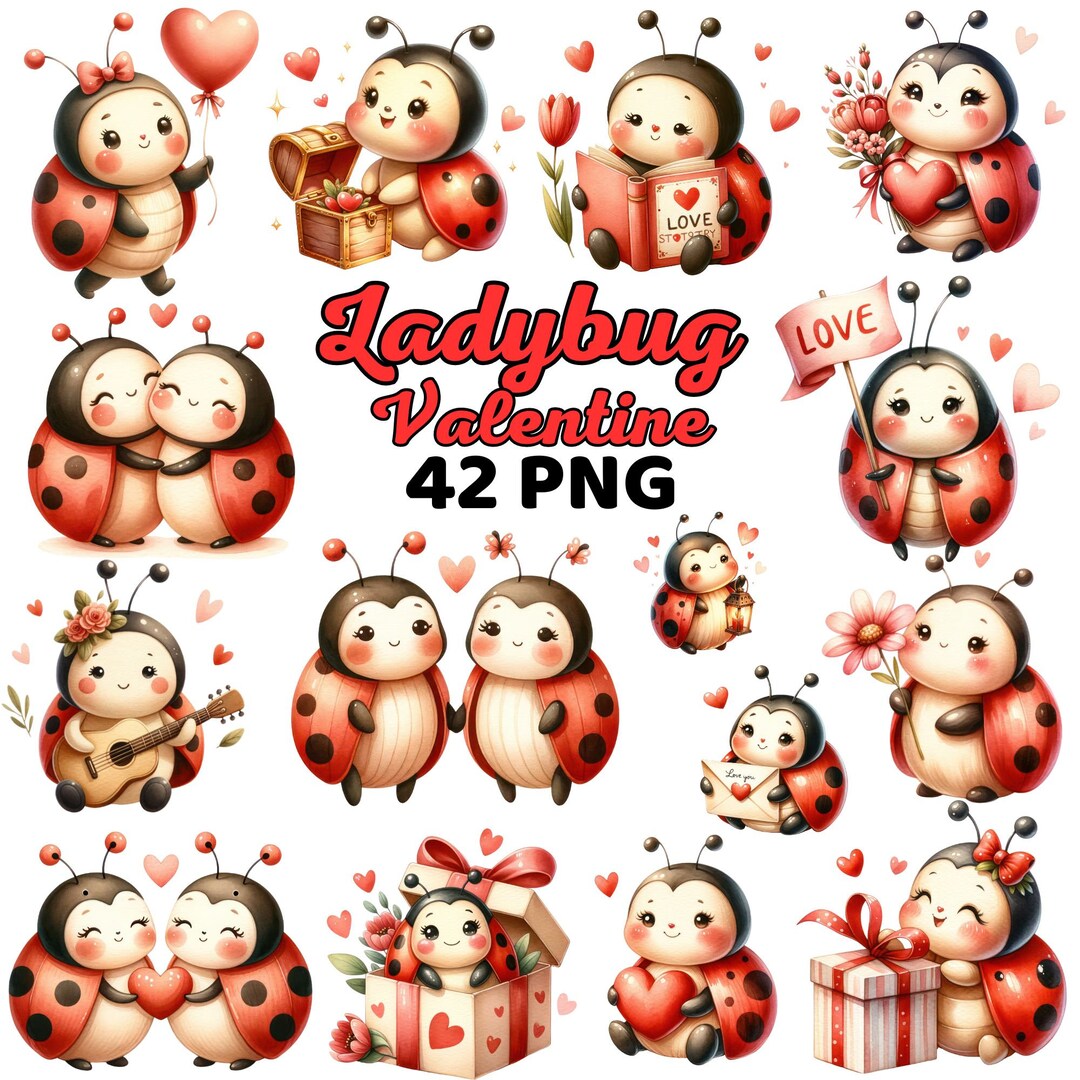 Watercolor Cute Ladybug Valentine Clipart, Ladybug Romantic Valentine's ...