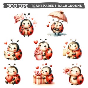 Watercolor Cute Ladybug Valentine Clipart, Ladybug Romantic Valentine's ...
