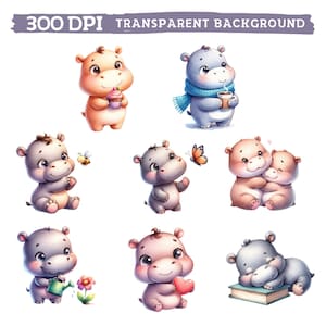 Cute Hippo Clipart, Watercolor Hippo Nursery Decor, Safari Birthday ...