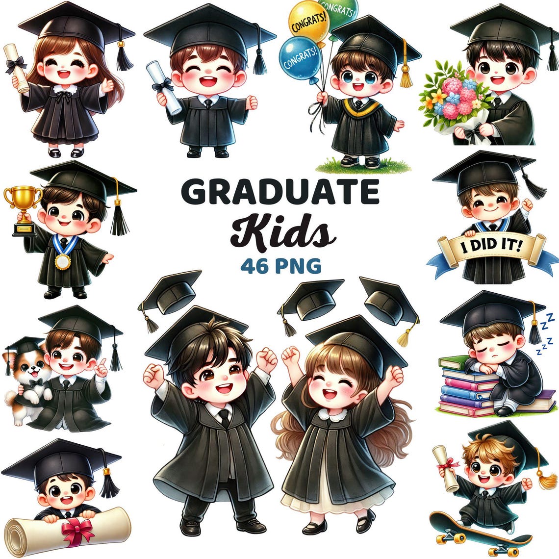 Graduate Kids Clipart, Watercolor Preschool Kindergarten Graduation Boy Girl, Academic Children ...