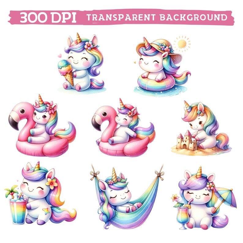 Watercolor Cute Unicorn Clipart, Summer Beach Rainbow Unicorn Girl ...