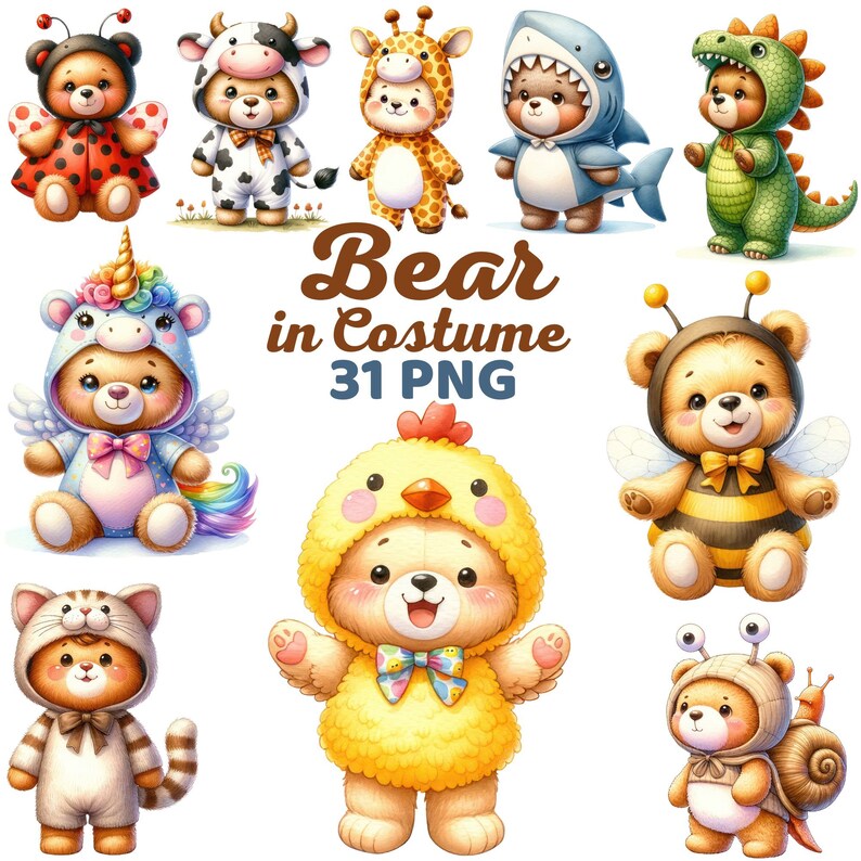 Cute Bear in Costume Clipart, Watercolor Adorable Animal Dress-up ...