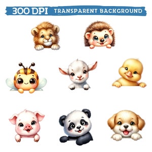 Peeking Animals Clipart, Watercolor Cute Baby Animal Faces Peeking Over ...