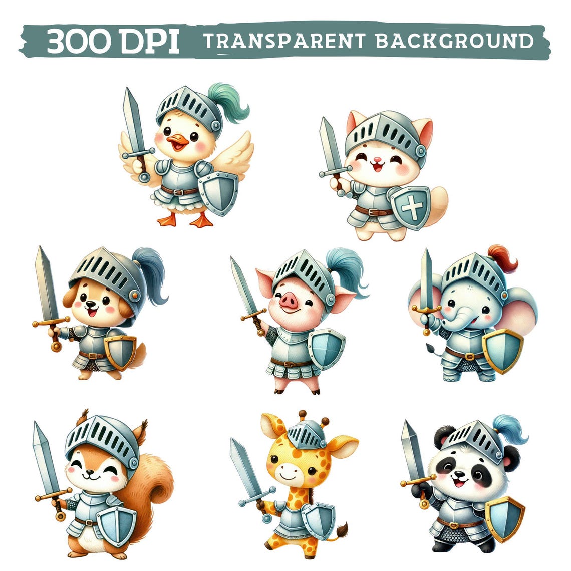 Knight Animals Clipart, Watercolor Cute Medieval Animal Nursery Decor ...