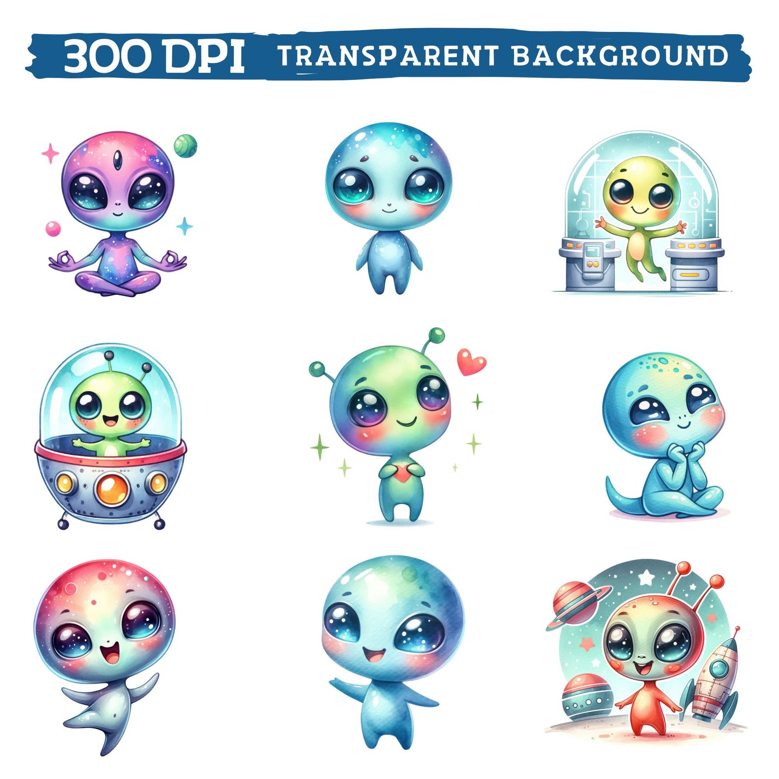 Cute Alien Clipart, Watercolor Adorable Alien, Sci-fi Nursery Decor ...