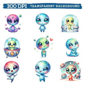 Cute Alien Clipart, Watercolor Adorable Alien, Sci-fi Nursery Decor ...